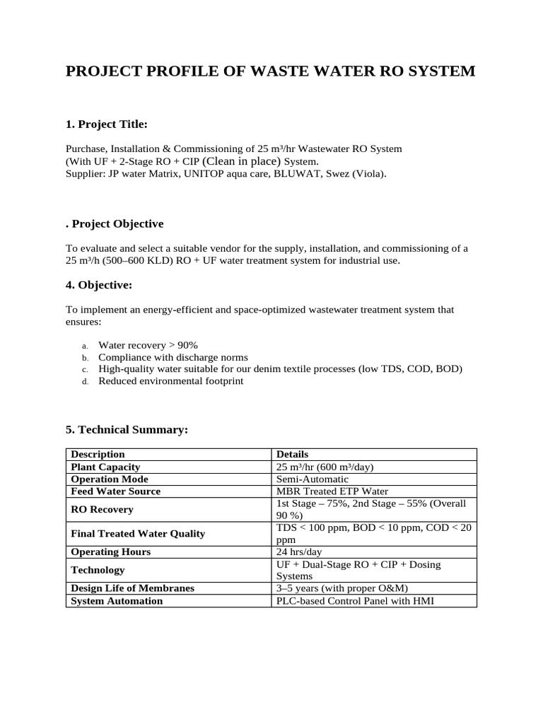 Project Profile of Waste Water Ro System | PDF | Hydraulic Engineering ...