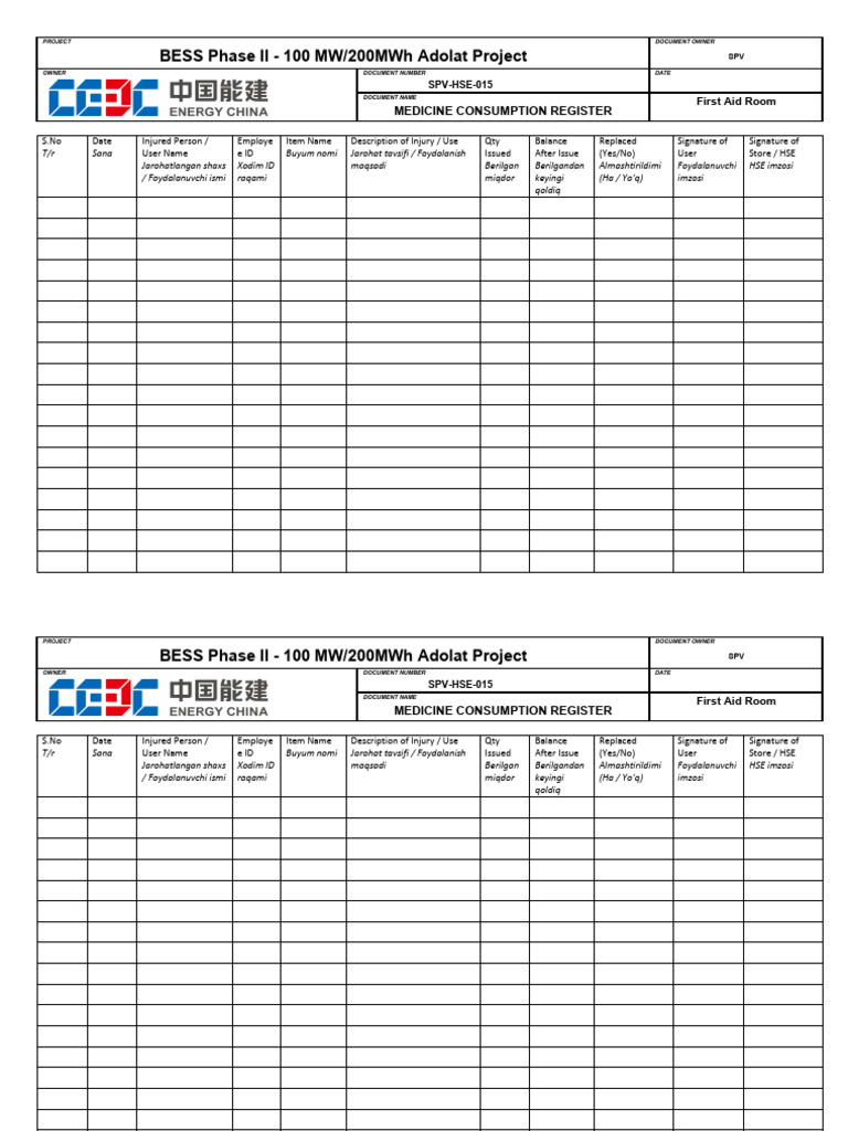 Adolat First Medicine Consumption Register - Copy | PDF