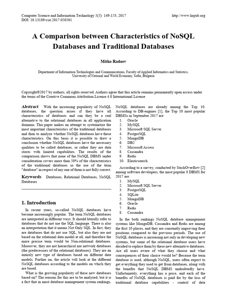 NoSQL vs Traditional Databases Analysis | PDF | Databases | No Sql