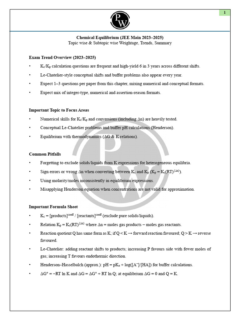 Chemical Equilibrium : Blueprint of PYQ's | PDF | Chemical Equilibrium | Buffer Solution