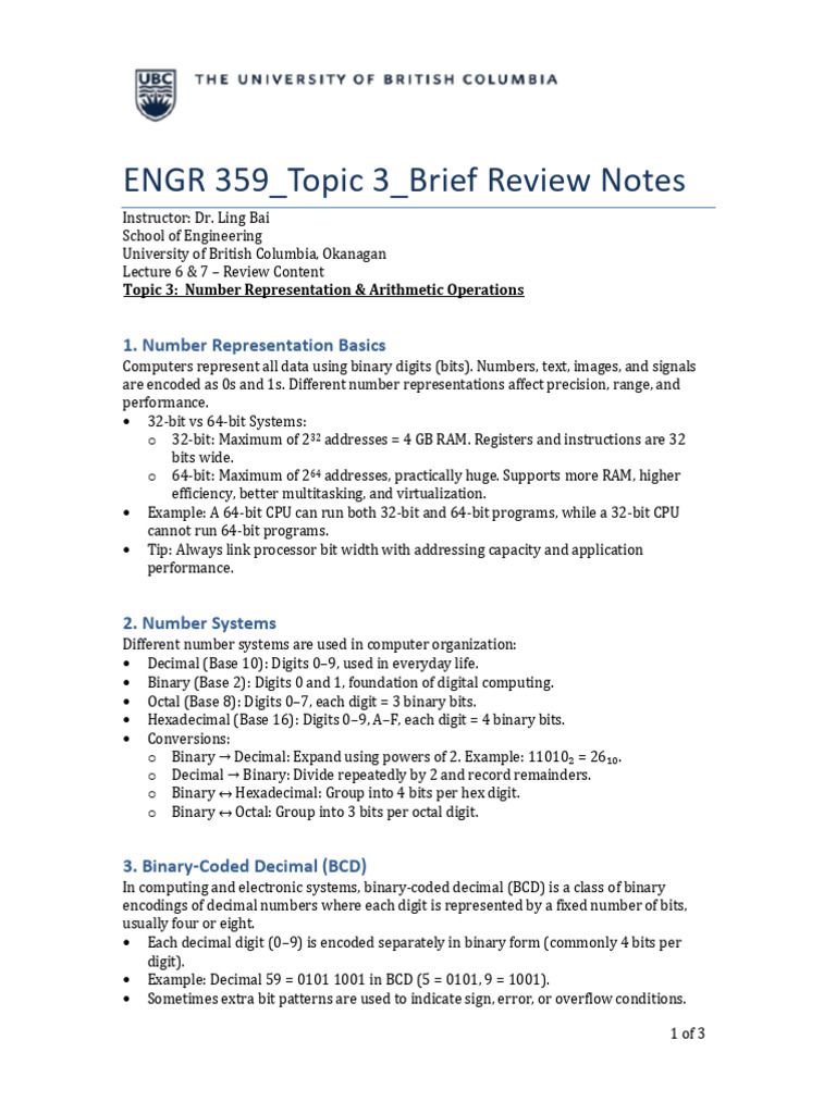 ENGR359_Topic 3_Review Notes | PDF | Binary Coded Decimal | Arithmetic