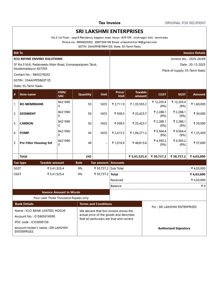 Tax Invoice - 2025-26 69 - 20 - 12 - 25 - Original | PDF | Government ...