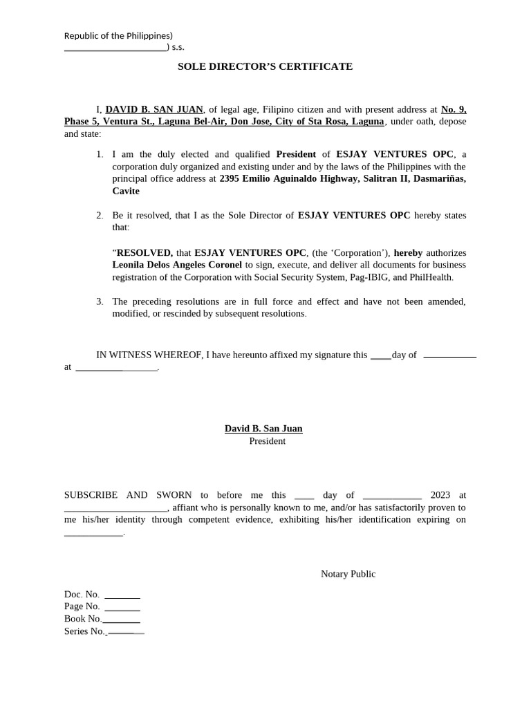 Sole Director's Certificate for ESJAY VENTURES | PDF