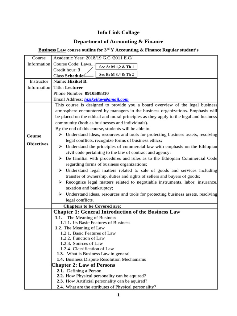 Business Law Course Outline 2018/19 | PDF | Negotiable Instrument ...