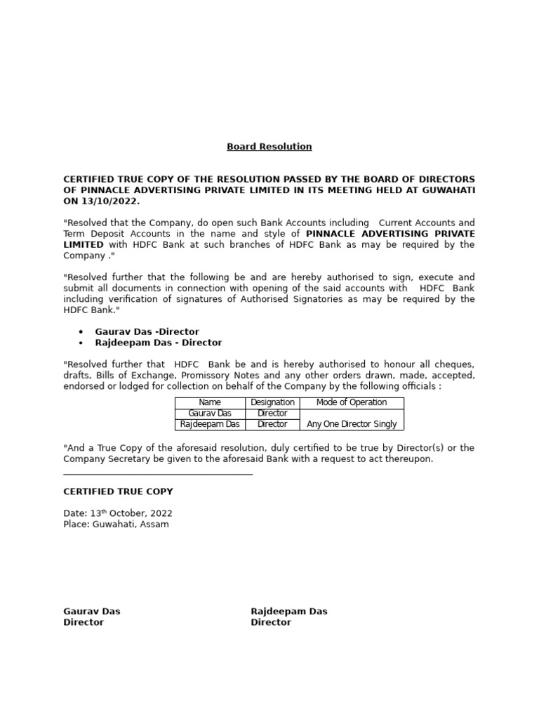 Board Resolution for Bank Account Opening | PDF