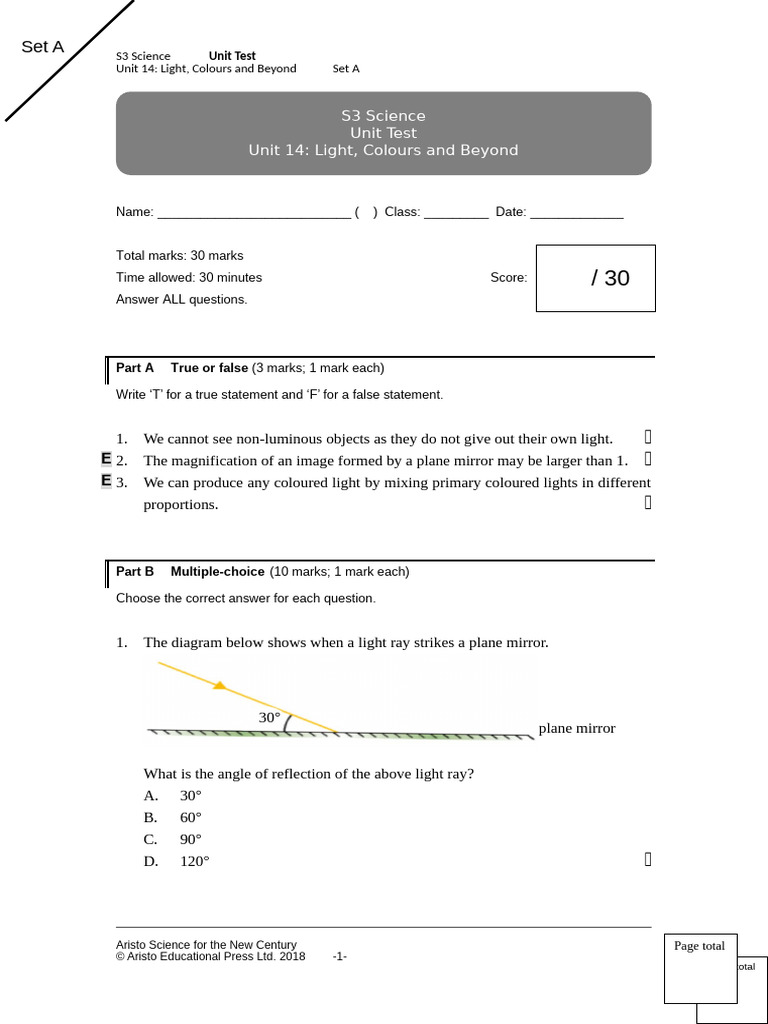 S3 Science Unit Test: Light & Colors | PDF | Electromagnetic Radiation ...