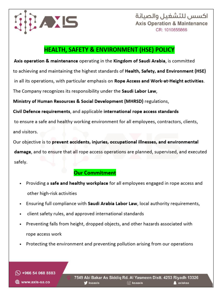 Hse Policy Axis | PDF | Safety | Occupational Safety And Health