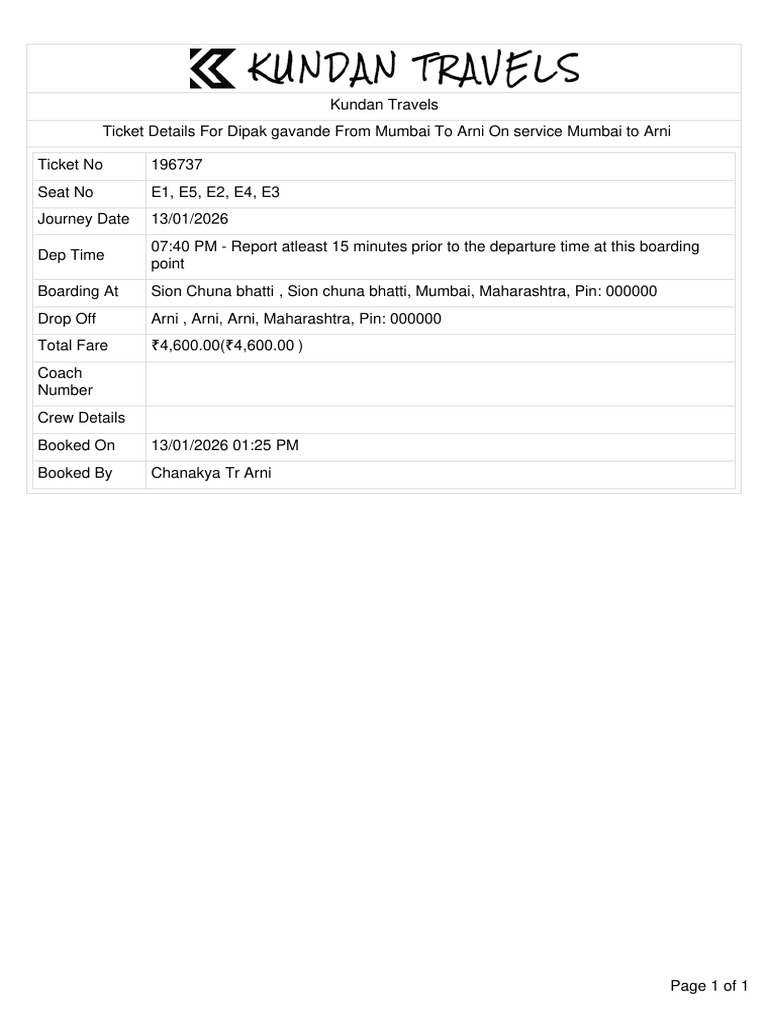 Mumbai to Arni Ticket Details | PDF