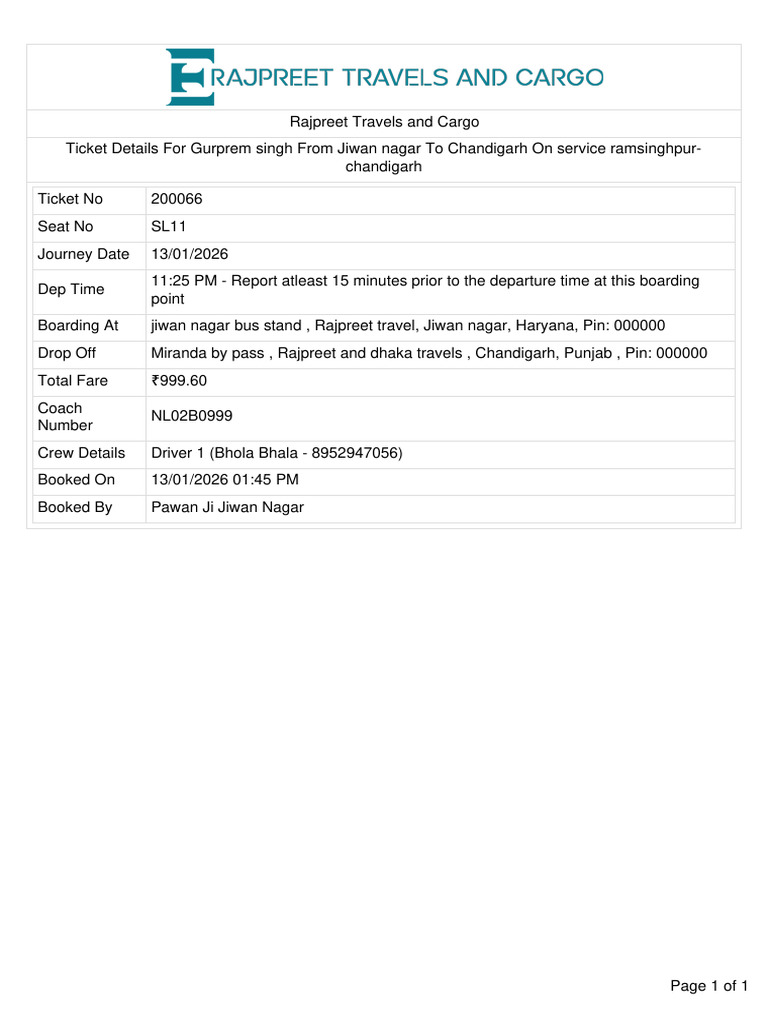 Rajpreet Travels Ticket Details for Chandigarh | PDF