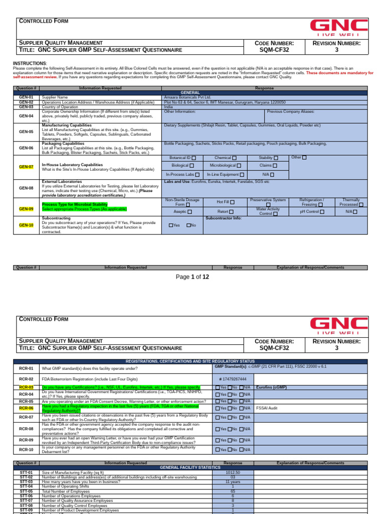 GNC Supplier GMP Self-Assessment Form | PDF | Verification And Validation
