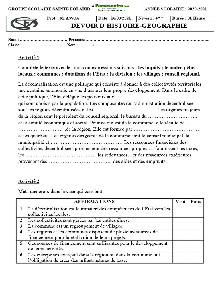 Devoir 4EME | PDF