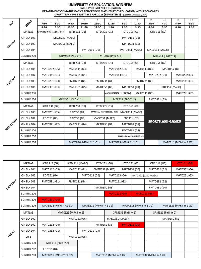 2026 Teaching Timetable - Winneba University | PDF | Mathematics | Science