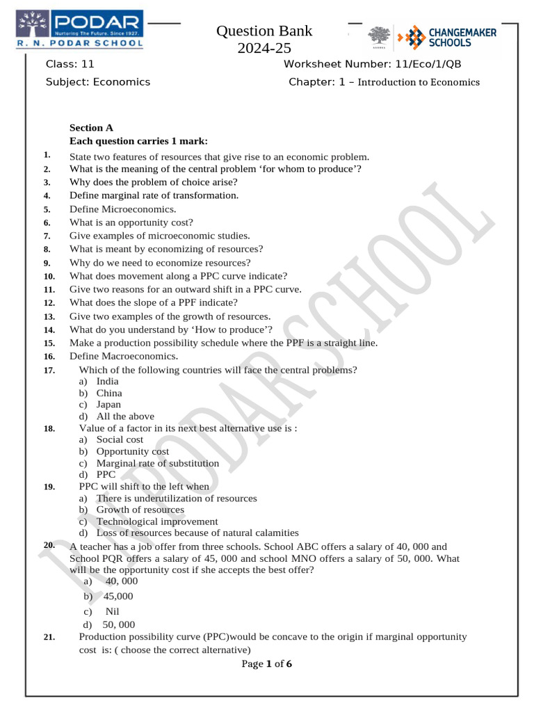 Class 11 Economics Question Bank 2024-25 | PDF | Economics | Microeconomics
