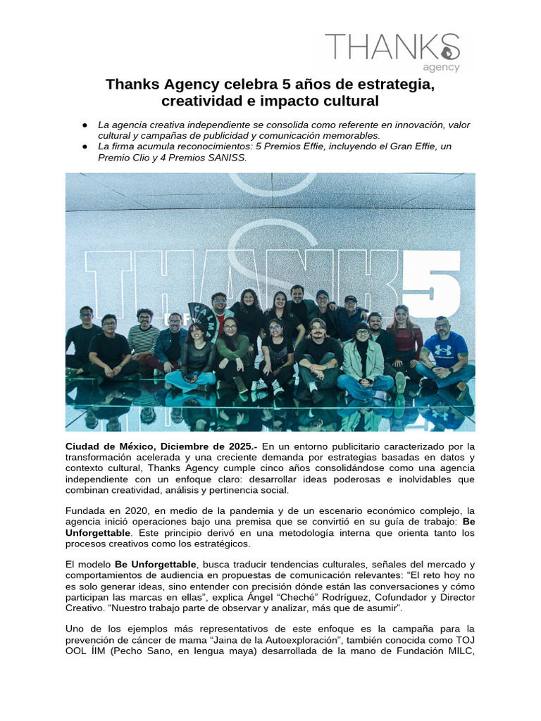 Thanks Agency - 5 Años - Comunicado de Prensa | PDF | Creatividad