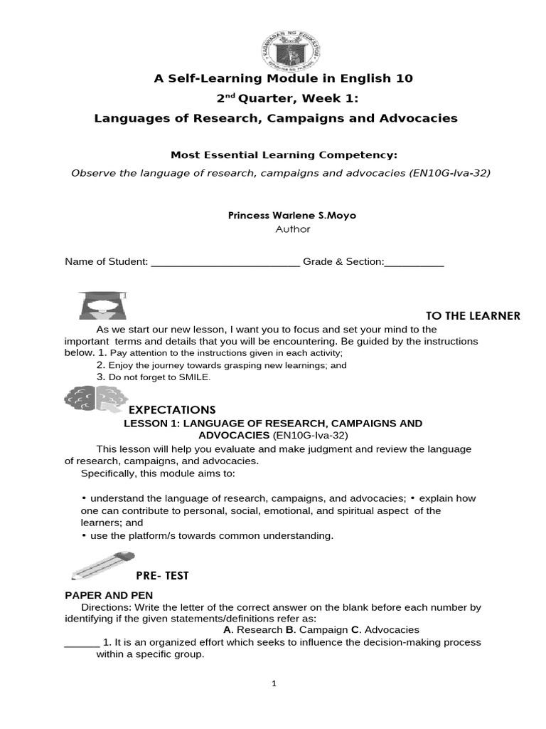 English 10 Module: Research & Advocacy Language | PDF | Goal | Motivational