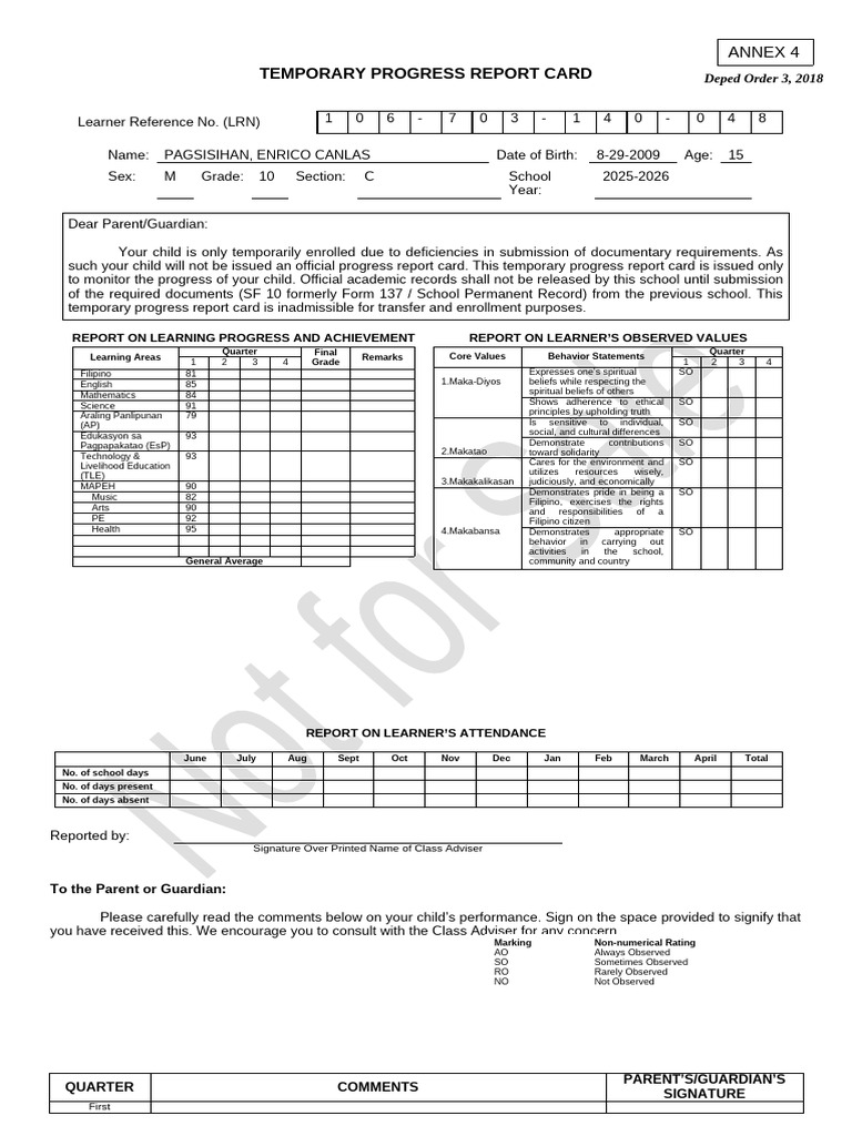 Annex 4 Temporary Progress Report Card-PAGSISIHAN | PDF