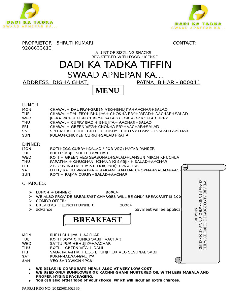 Tiffin Menu | PDF