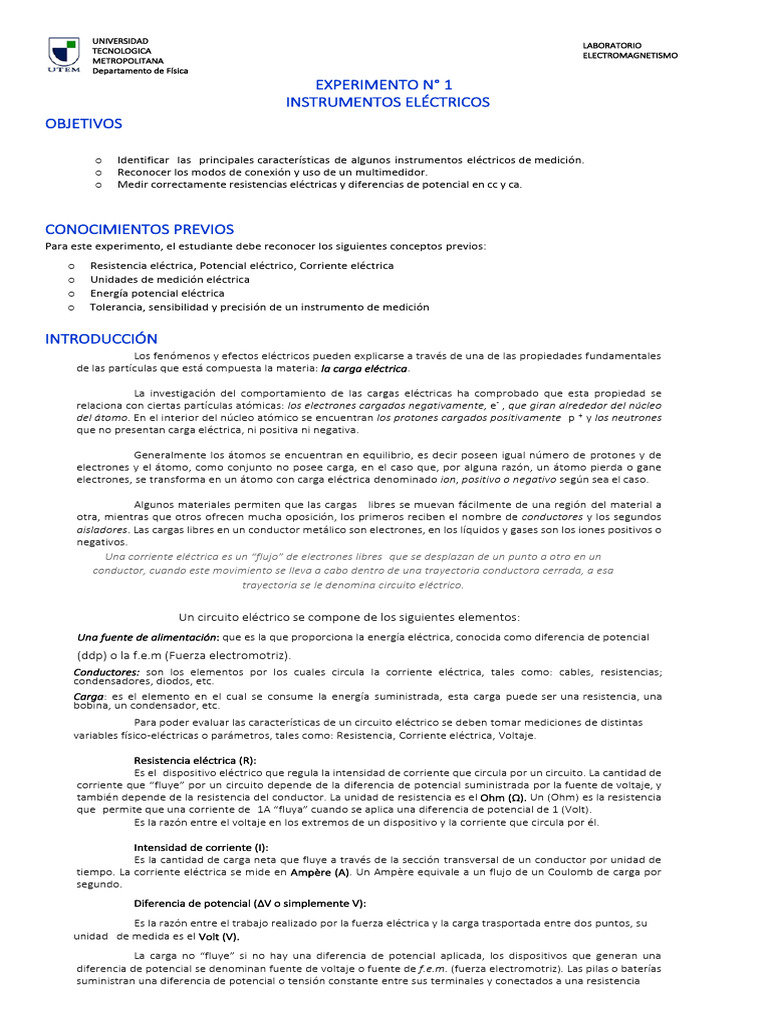 GUÍA EXP 1- Instrumentos Eléctricos | PDF | Electricidad | Corriente eléctrica