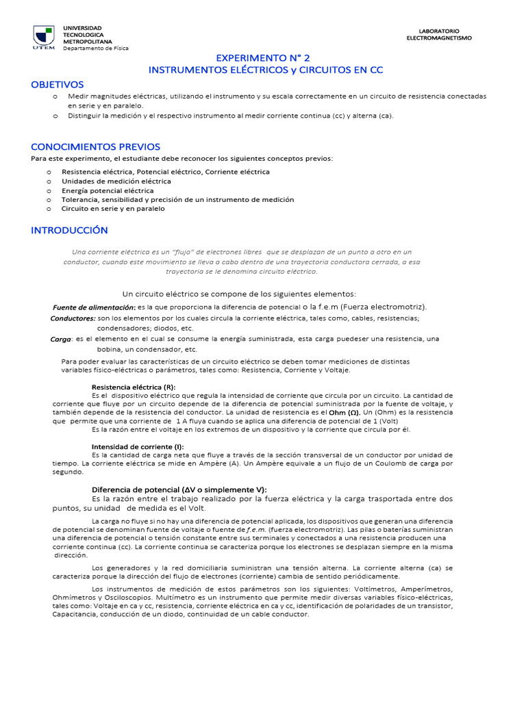 GUÍA EXP 2- Instrumentos Eléctricos y Circuitos en Cc | PDF | voltaje | Corriente eléctrica