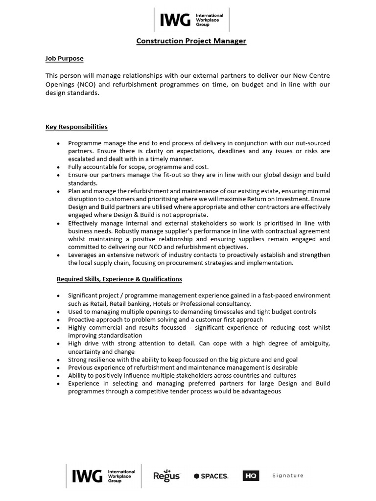 Construction PM JD Final | PDF | Supply Chain | Economies