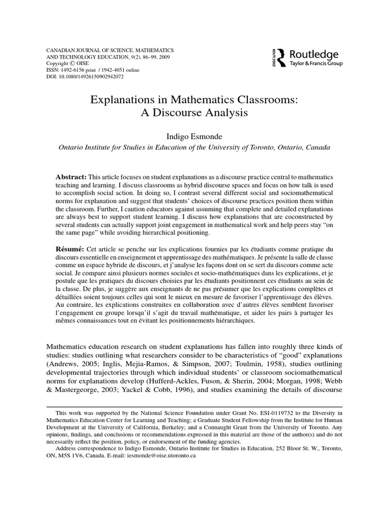 Esmonde, I. (2009). Explanations in Mathematics Classrooms - A ...