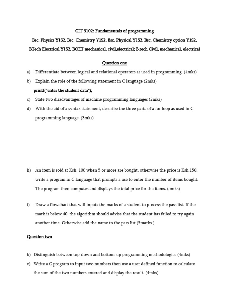 Cit 3102 Fundamentals of Computer Programming 3 | PDF | Computer Programming | Control Flow