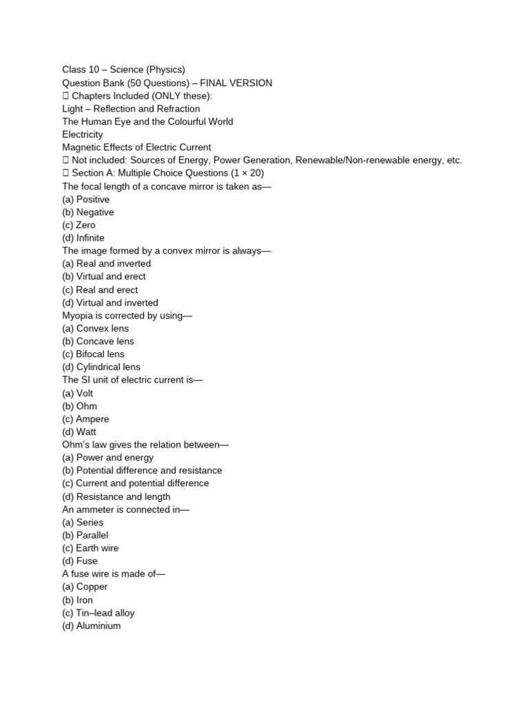 Class 10 Physics Question Bank: Light & Electricity | PDF | Electric ...