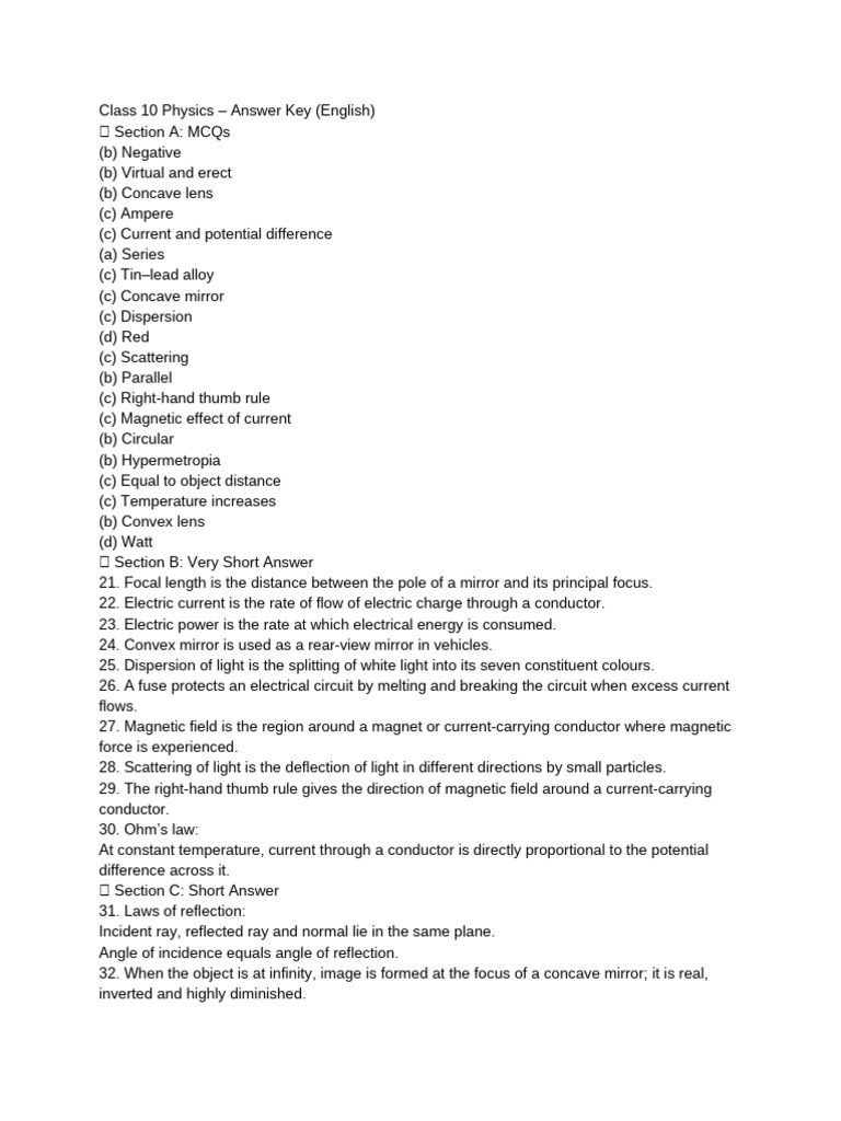 Class 10 Physics Answer Key Guide | PDF | Electric Current | Magnetic Field