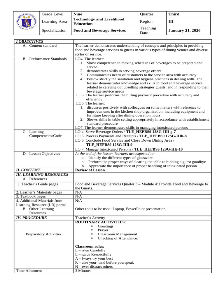Food and Beverage Service Standards | PDF | Learning | Cocktails