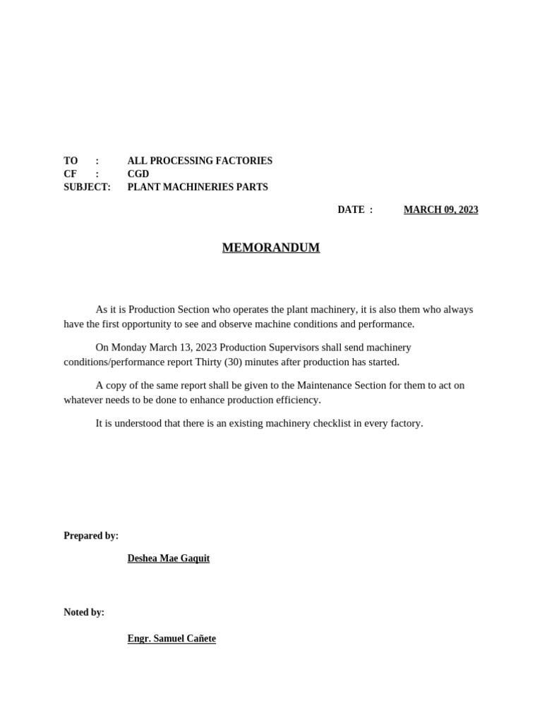 Machinery Performance Reporting Memo | PDF