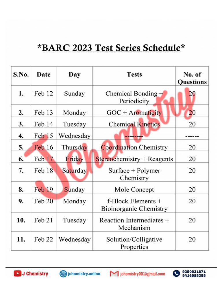 BARC 2023 Test Series Schedule J Chemistry | PDF