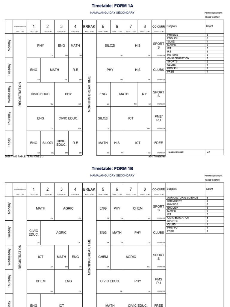 Class Time Tables 2026 Term One | PDF | Educational Environment | Students