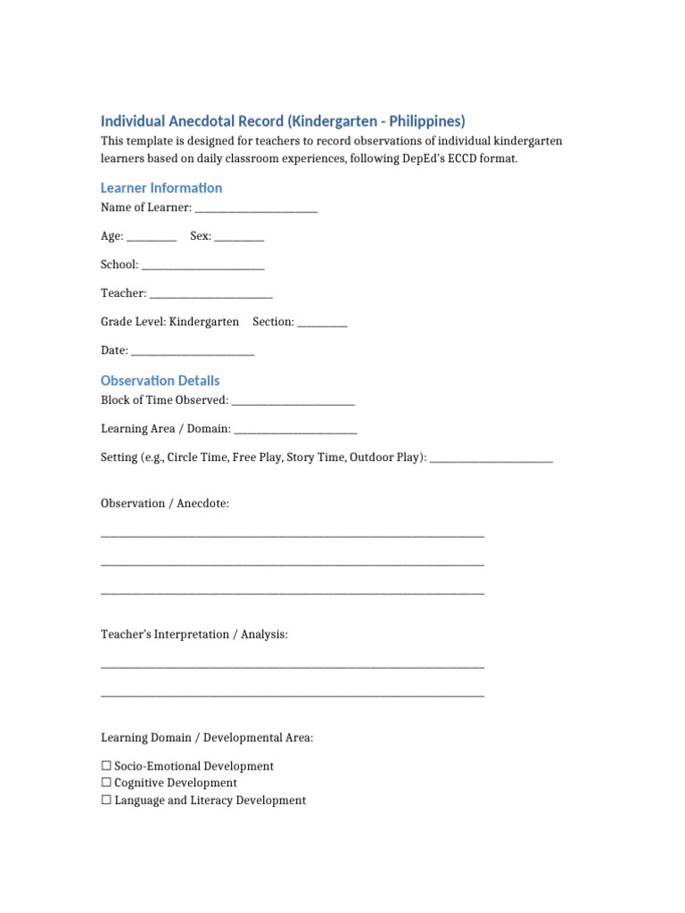 Individual Anecdotal Record Template Kindergarten | PDF