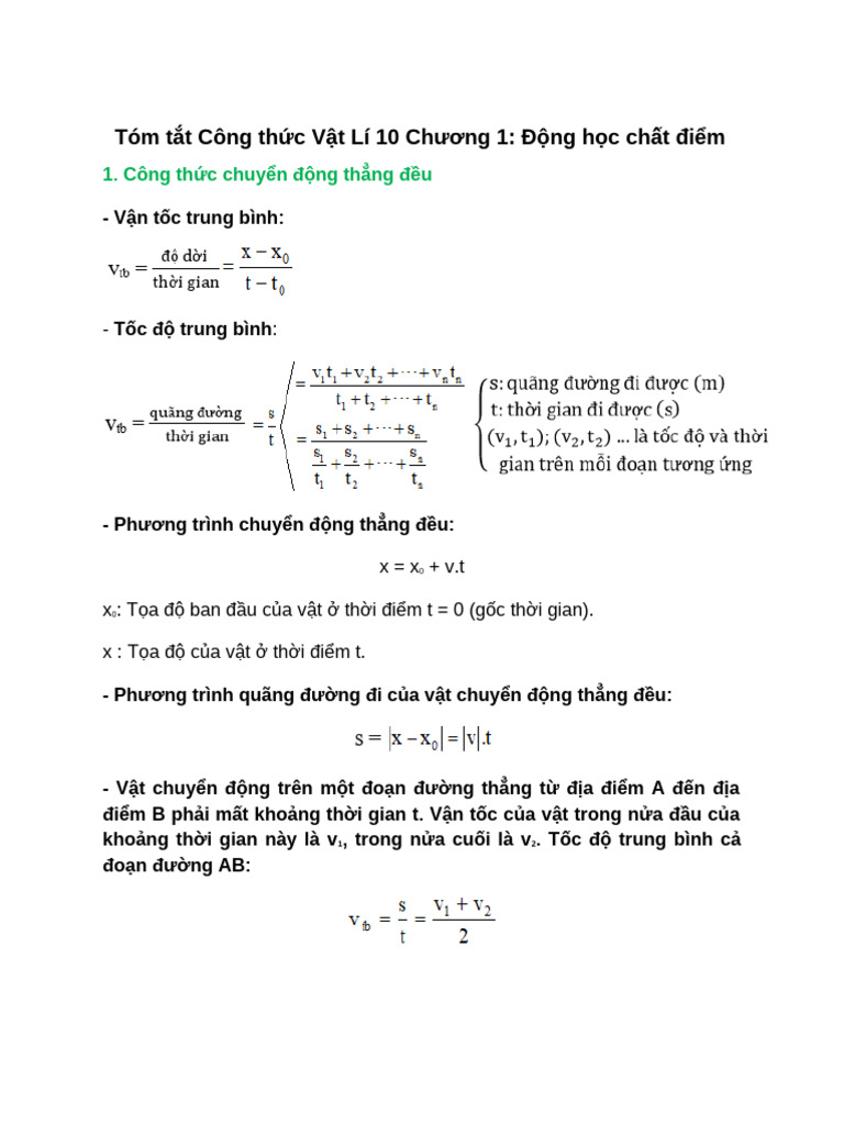 Tóm Tắt Công Thức Vật Lí 10 Chương 1 | PDF