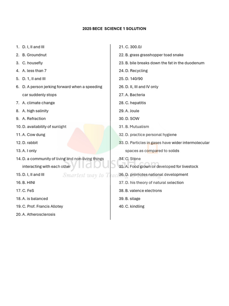 2025 BECE Science Solutions Guide | PDF