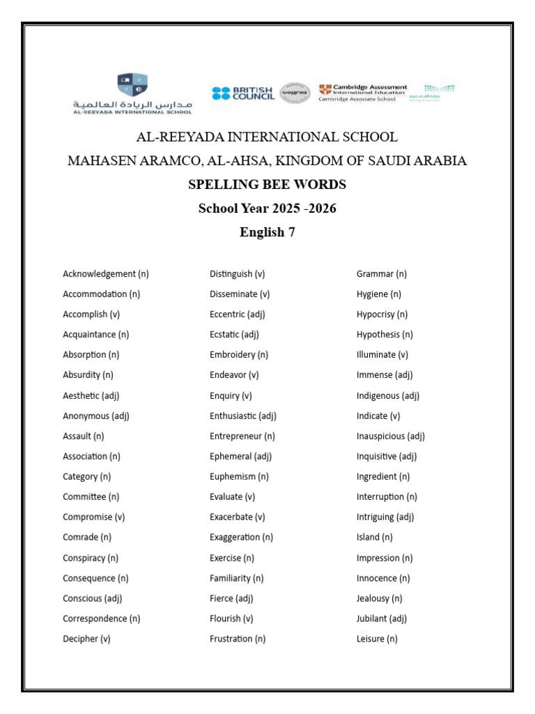 Grade 7 - Spelling Bee Words | PDF