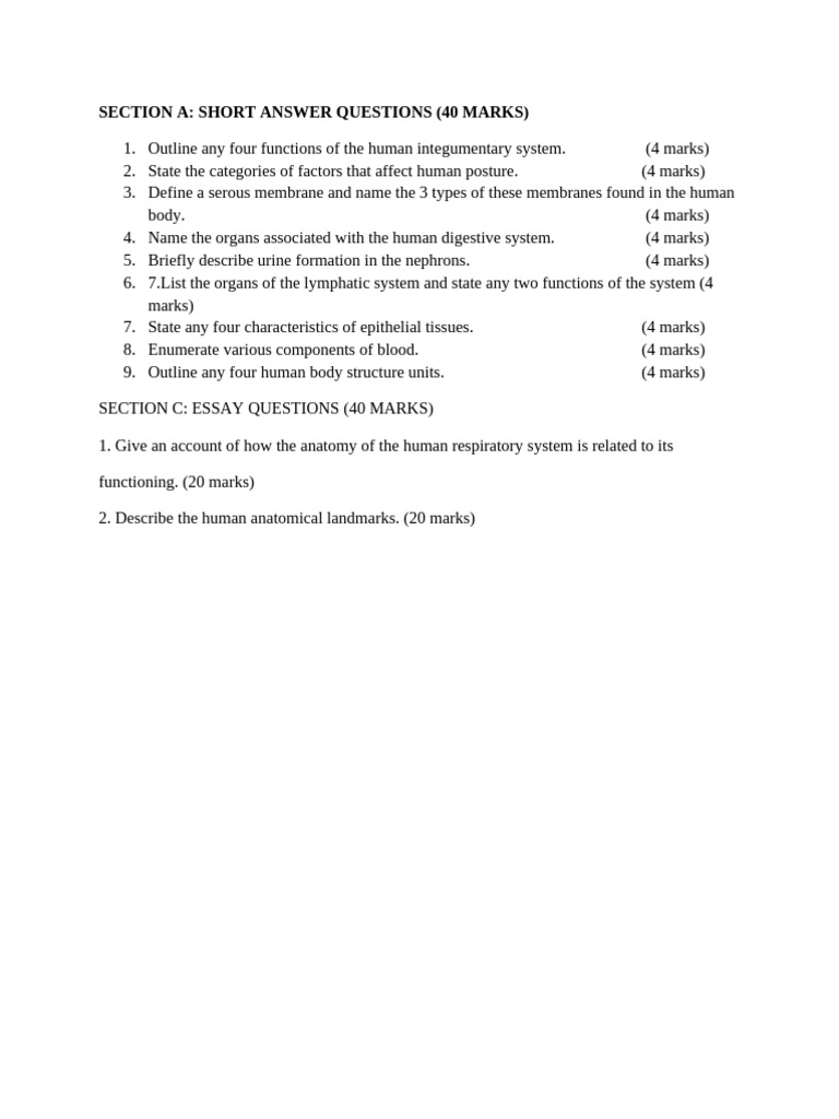 Human Anatomy and Physiology Questions | PDF