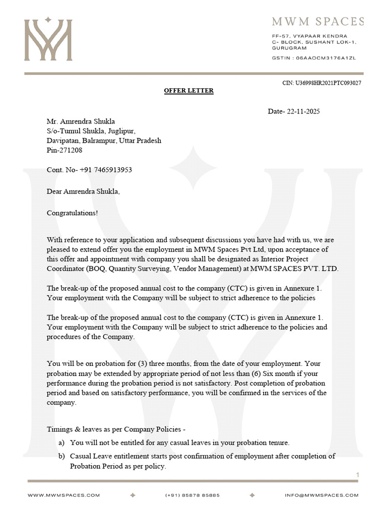 Offer Letter for Interior Project Coordinator | PDF