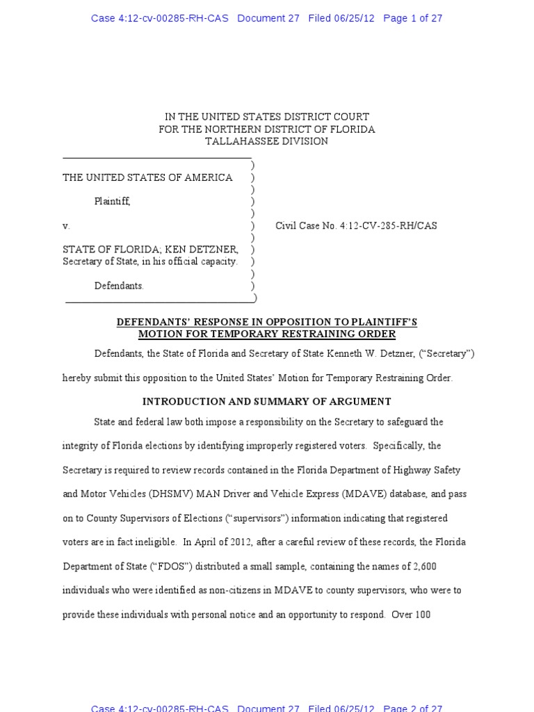 Defendants' Response in Opposition To Plaintiff'S Motion For Temporary Restraining Order | PDF ...