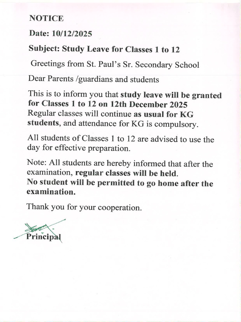 Study Leave For Class I To XII | PDF