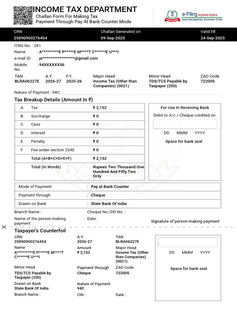 Income Tax Payment Challan Form | PDF | Payments | Cheque