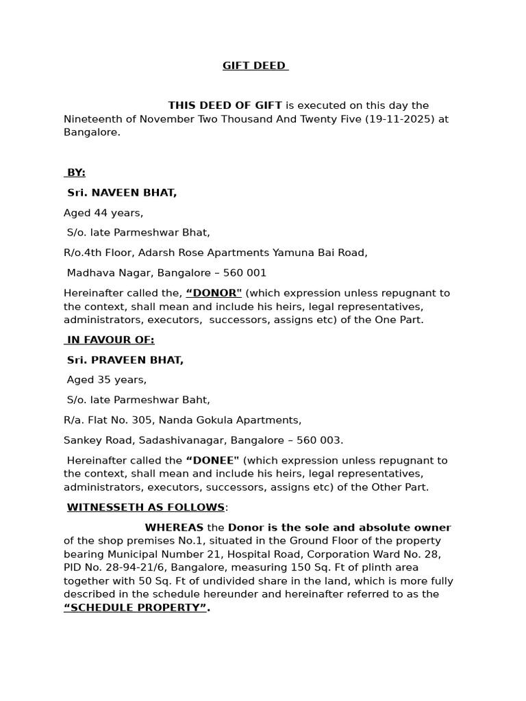 Gift Deed | PDF | Deed | Property
