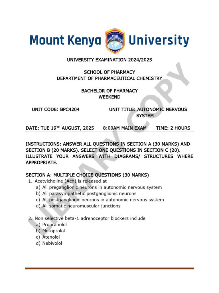 Autonomic Nervous System Exam Paper | PDF | Acetylcholine | Drugs ...