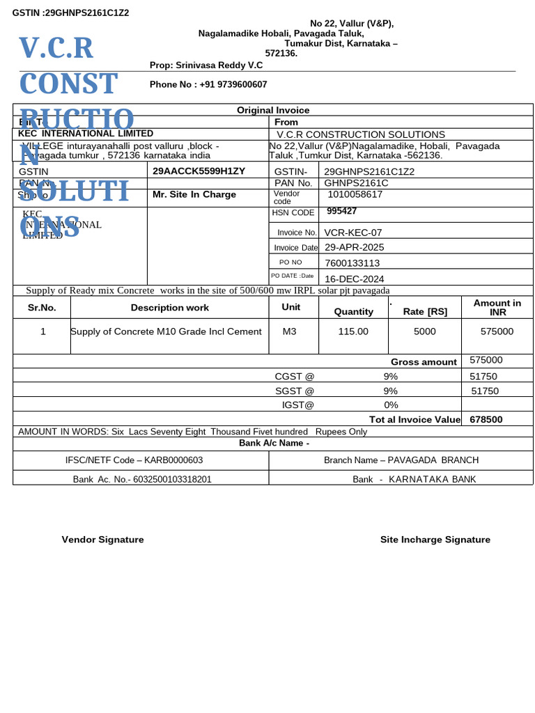 Invoice for Ready Mix Concrete Supply | PDF | Economy Of India
