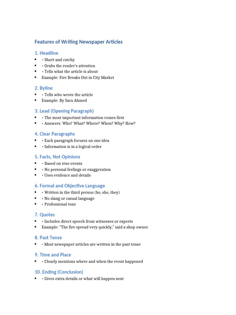 Features of Writing Newspaper Articles | PDF