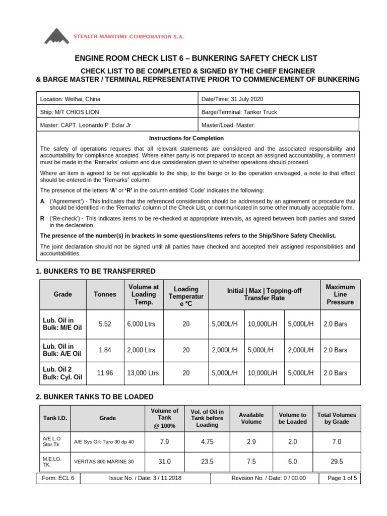 ECL06 Lube Bunkering Safety Checklist | PDF