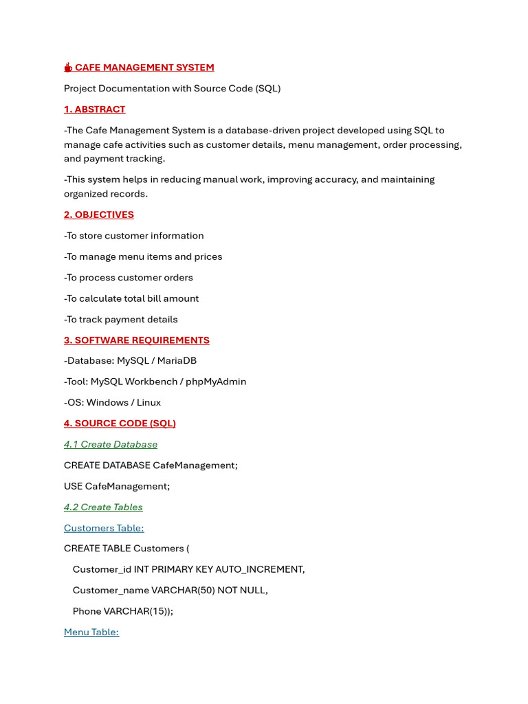 SQL Cafe Management System Documentation | PDF | My Sql | Databases