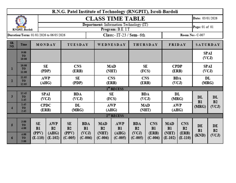 IT-23 Sem-6 Class Time Table | PDF