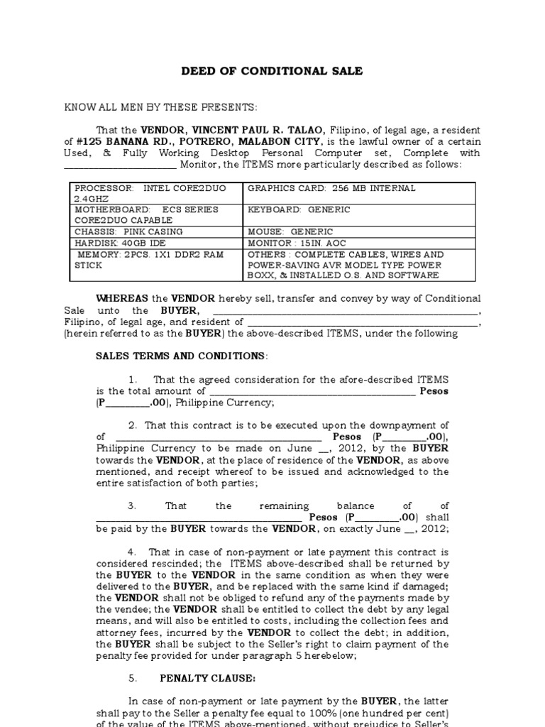 Deed of Conditional Sale | PDF | Payments | Notary Public