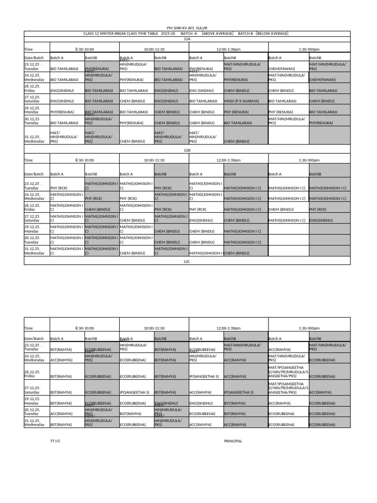 Class 12 Winter Break Timetable 2025-26 | PDF
